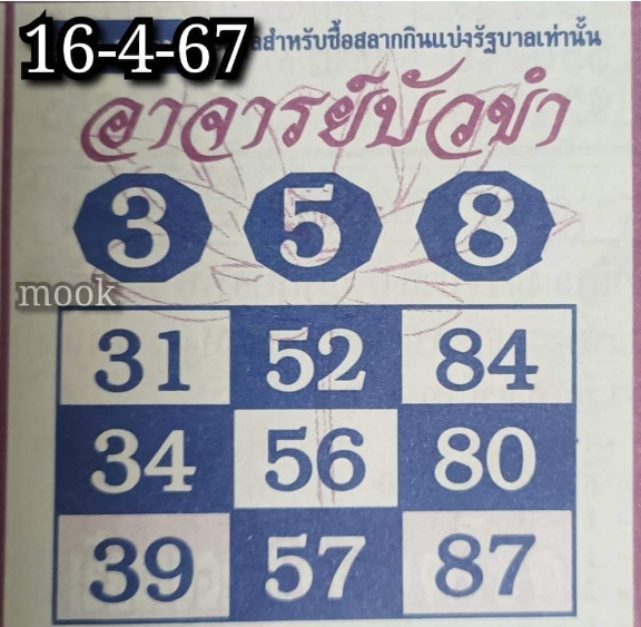 หวยอาจารย์บัวขำ 16/4/67 เลขเด่น 9 ชุด สูตรหวยรัฐบาลงวดนี้
